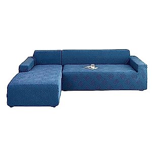 GUYIRT Jacquard Pattern Sectional Couch Cover, Solid Color Washable L Shape Sofa Covers, 2 Pieces Couch Slip Cover for Kids Pet Cat-Blue-2 Seater+4 Seater