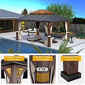 OLILAWN Gazebo 12x14, Hardtop Gazebo with Wood Finish Aluminum Frame, Galvanized Steel Double Top Gazebo with Ventilation, All-Weather Metal Gazebo with Netting and Curtains, for Patios Gardens Lawns