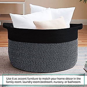 Organizix XXXXL Large Round Cotton Rope Storage Basket Bin Organizer Laundry Hamper with Handles, 21 x 21 x 14, Extra Large Blanket Woven Toy Basket, Black/Black