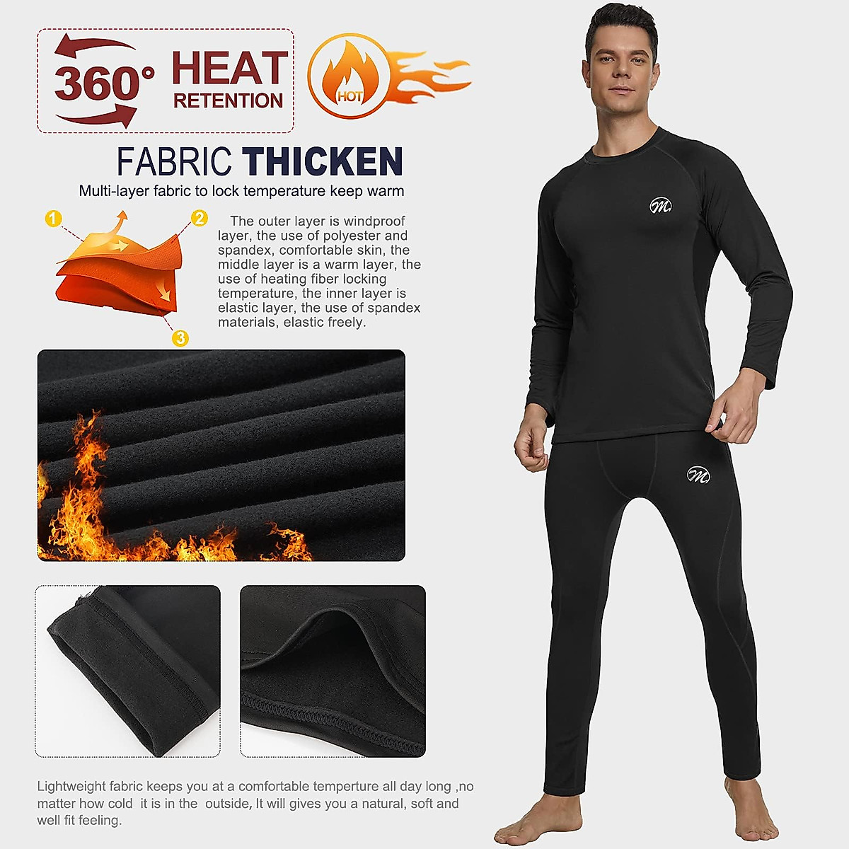 MEETWEE Thermal Underwear for Men, Winter Base Layer Set Tops & Long Johns Winter Ski Cold Weather Gear for Heat Retention Black