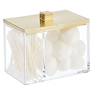 mDesign Modern Square Bathroom Vanity Countertop Storage Organizer Canister Jar for Cotton Swabs, Rounds, Balls, Makeup Sponges, Bath Salts - 2 Divided Sections - Clear/Soft Brass