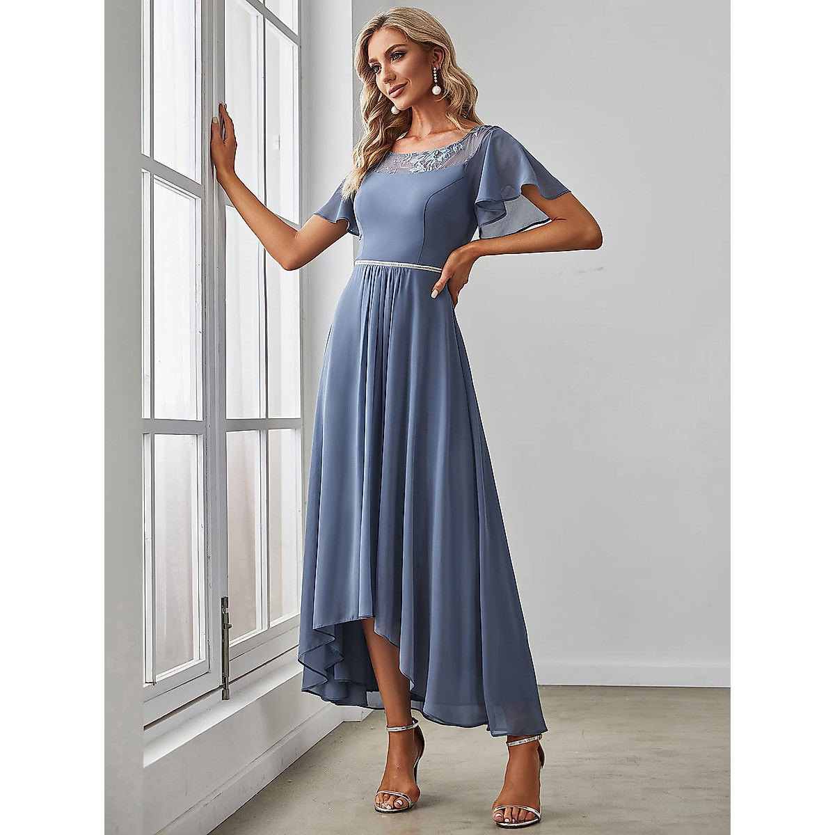 Ever-Pretty Women's Ruffles Sleeve High Low Lace Beaded Chiffon Midi Bridesmaid Gowns Wedding Guest Dress Dusty Blue US14
