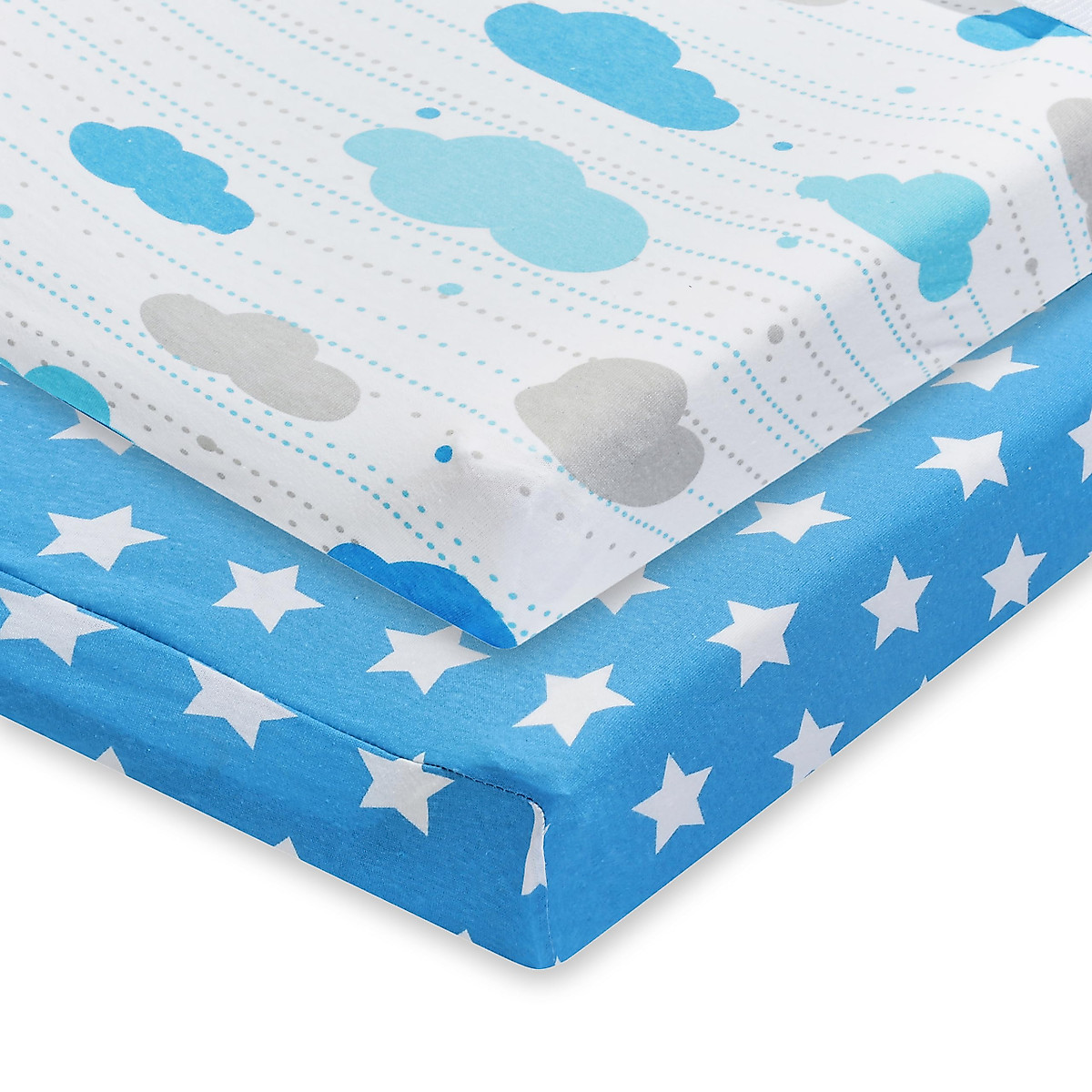 EVERYDAY KIDS 2 Pack Baby Changing Pad Covers for Baby Boy – Fits Most Changing Table Pads; 100% Cotton Jersey Knit, Breathable, Soft Changing Table Topper - Blue, White Stars + Blue, Gray Clouds