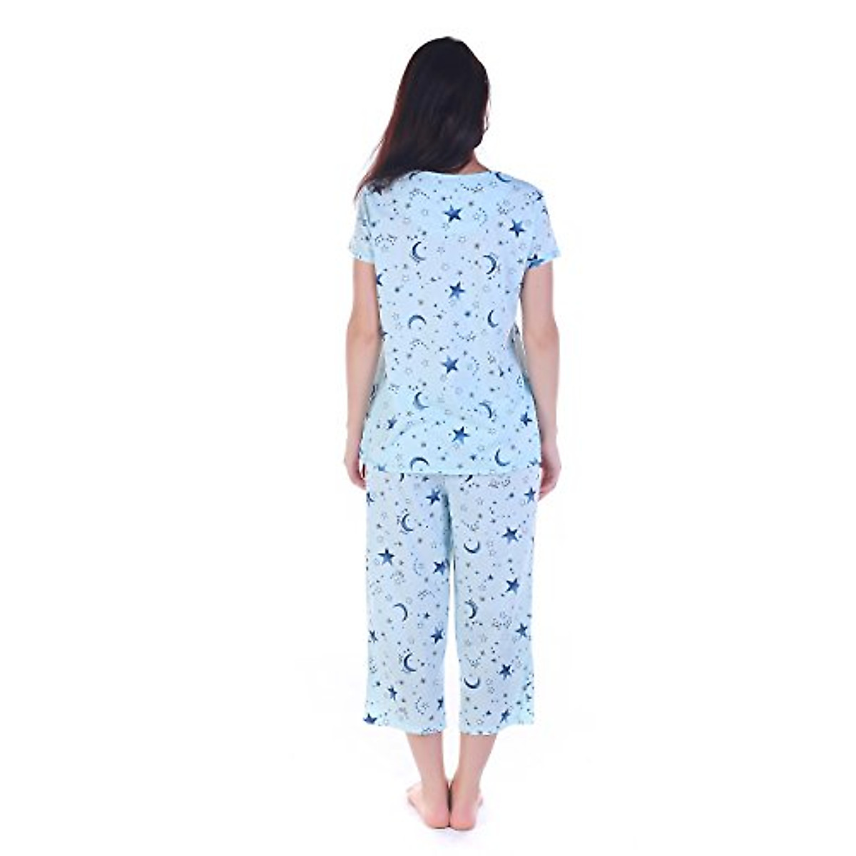 PNAEONG Women’s Pajama Set - Cotton-Blend Short-Sleeve Loose Top with Matching Capri Bottoms SY215-Blue Star-XL