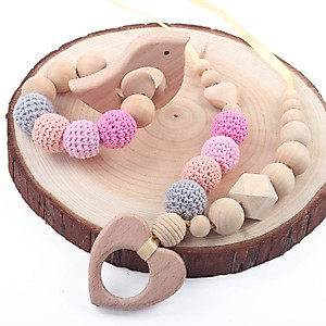 Wood Teethers for Babies DIY Necklace and Bangles Soothes Gum Pain Molar Teething Wood, Bird Elephant Sheep Moon Rocket Butterfly Star Heart Hedgehog Ship Cloud