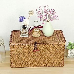 Casaphoria Large Square Sea Grass Baskets for Storage Seaweed Woven Sundries Baskets Sturdy and Durable Natural Material for Make-up with Lid Big Rectangular Seagrass Towel Baskets for Organizing