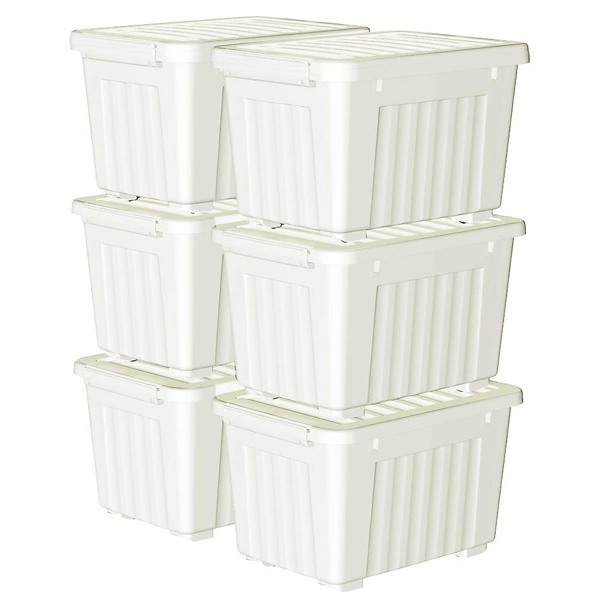 Cetomo 55L*6 Plastic Storage Box,White, Tote box,Organizing Container with Durable Lid and Secure Latching Buckles, Stackable and Nestable, 6Pack, with Buckle