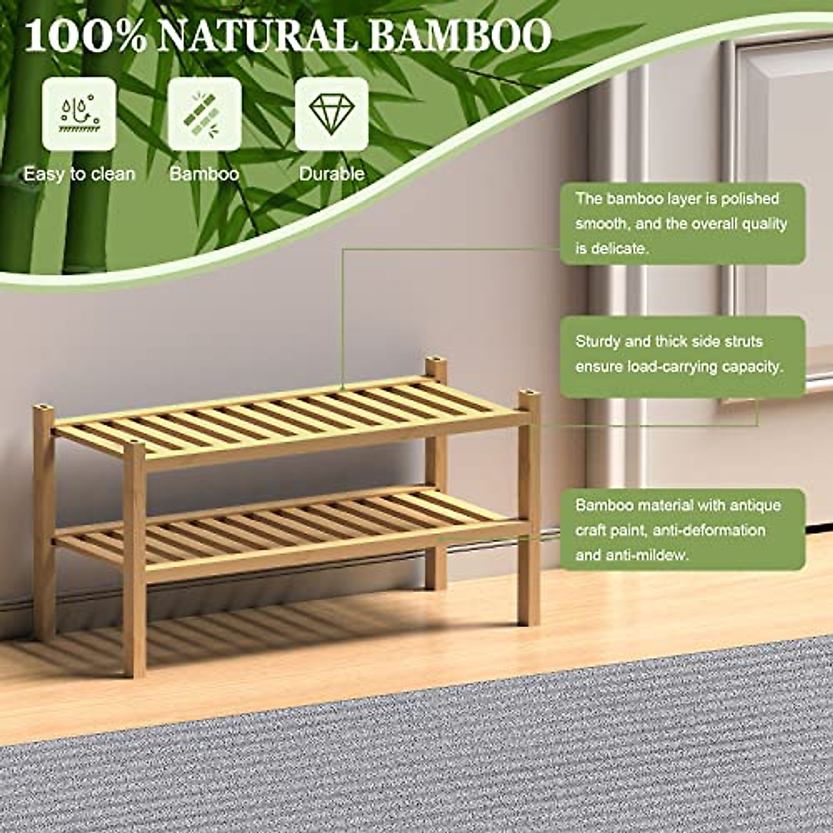 ROMGUAR CRAFT Bamboo Shoe Rack for Entryway, 2-Tier Free Standing Shoe Racks Stackable Shoe Rack Organizer For Hallway Closet Living Room 27 x12 x14 Inches