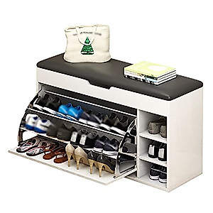 Priority Culture Shoe Rack Bench with Storage and Cushion, Shoe Rack Bench Tipping Bucket Shoe Cabinet, Leather Entryway Shoe Bench Seat Shoe Organizer Shoe Cabinet, No Installation Required
