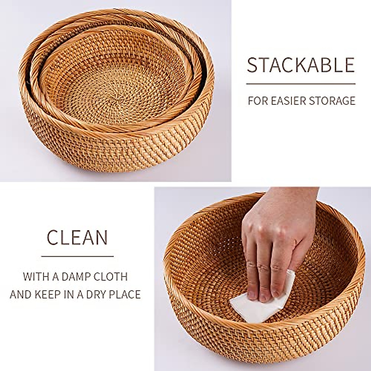 FIYAMMY Rattan Bread Baskets, Rattan Round Fruit Baskets, Natural Wicker Storage Bowls Decorative Baskets for Kitchen Set of 3
