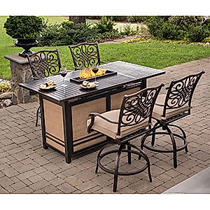 Hanover Traditions 5-Piece High-Dining Patio Set with 4 Tall Counter-Height Swivel Chairs and Rust-Free Aluminum Slat 30,000 BTU Rectangular Fire Pit Table, Modern Weather Resistant Outdoor Furniture