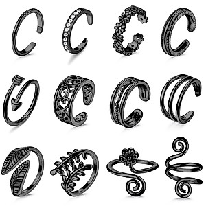 Sanfenly 12PCS Adjustable Toe Rings for Women Gold Silver Black Open Toe Rings Set Flower Arrow Leaf Heart CZ Tail Pinky Band Rings Summer Beach Foot Jewelry Set