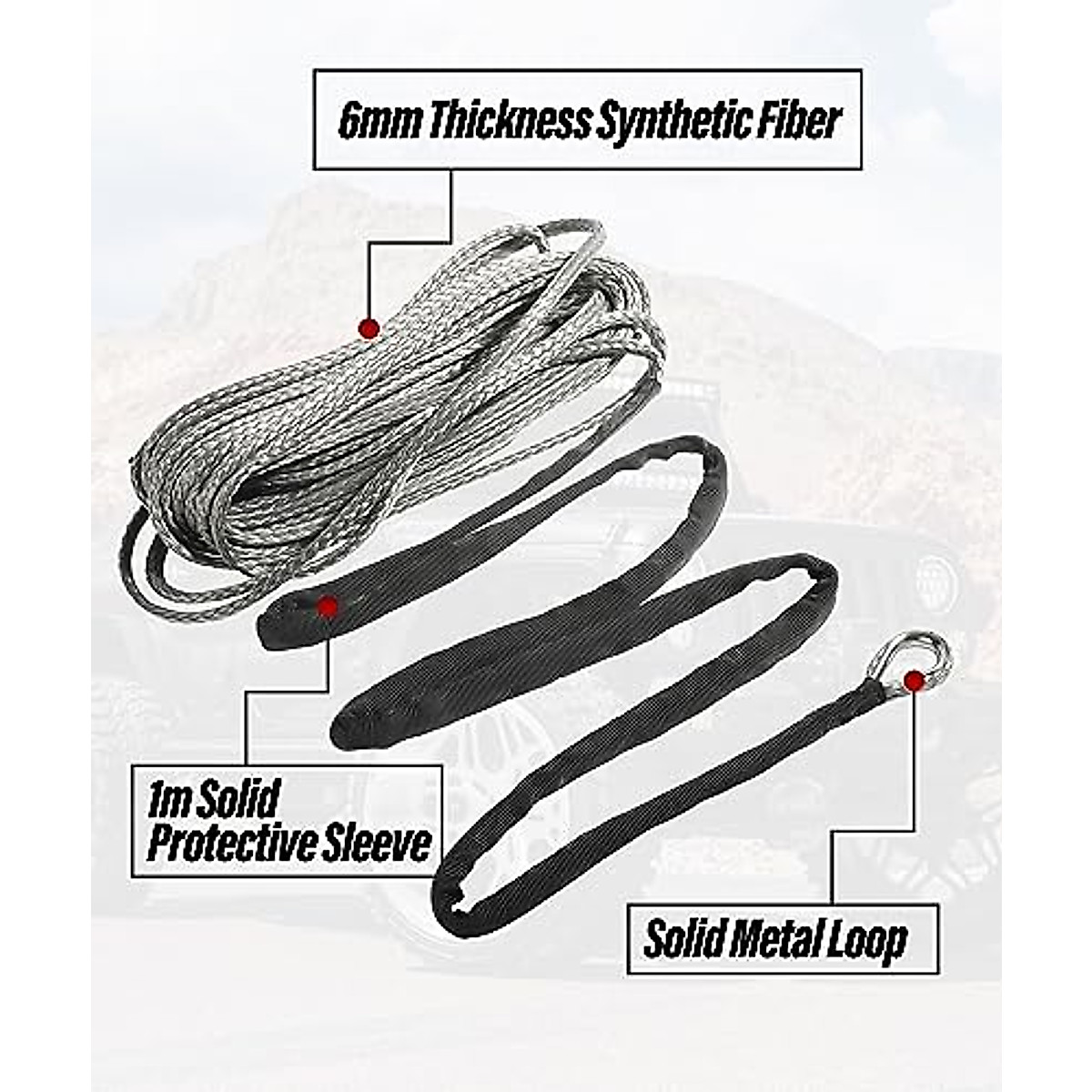 ESEWALAS 1/4''x50ft Synthetic Winch Rope,10,000LBs Synthetic Winch Line Cable Rope,Winch Cable Line with Forged Winch Hook and Black Protecing Sleeve,Car Tow Recovery Cable Winch Accessory (Gray)