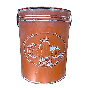 DNS Happy Harvest Buckets Large Metal Galvanized Burnt Orange Pumpkin Theme Containers Thanksgiving Fall Decorative Organizer (Set of 2) 9.2" & 8.8"