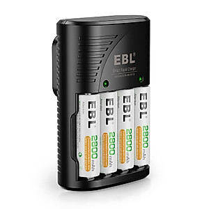 EBL Rechargeable AA Batteries 4 Pack, Precharged Double A Battery 2800mAh and AA AAA Battery Charger with Foldable Wall Plug
