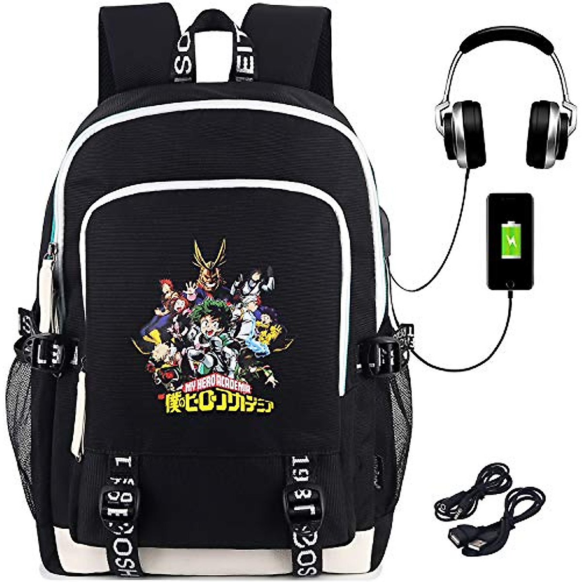Roffatide Anime My Hero Academia Backpack Printed College School Bag Laptop Backpack with USB Charging Port & Headphone Port