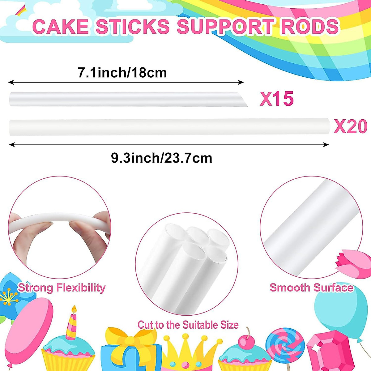 Kartisen 40 Pieces Plastic Cake Dowel Rods Set, 20 White Plastic Cake Sticks Support Rods with 5 Cake Separator Plates for 4, 6, 8, 10,12 Inch Cakes and 15 Clear Cake Stacking Dowels for Tiered Cakes