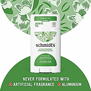 Schmidt's Baking Soda-Free Sensitive Skin Natural Deodorant for Women and Men, Jasmine Tea with 24 Hour Odor Protection, Aluminum Free, Vegan, Cruelty Free, 2.65 Ounce (Pack of 2)