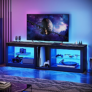 Bestier TV Stand for 70 inch TV with Power Outlets, LED Entertainment Center for PS5, Gaming TV Consoles with Glass Shelves for Living Room, 63'' Inch, Black Marble