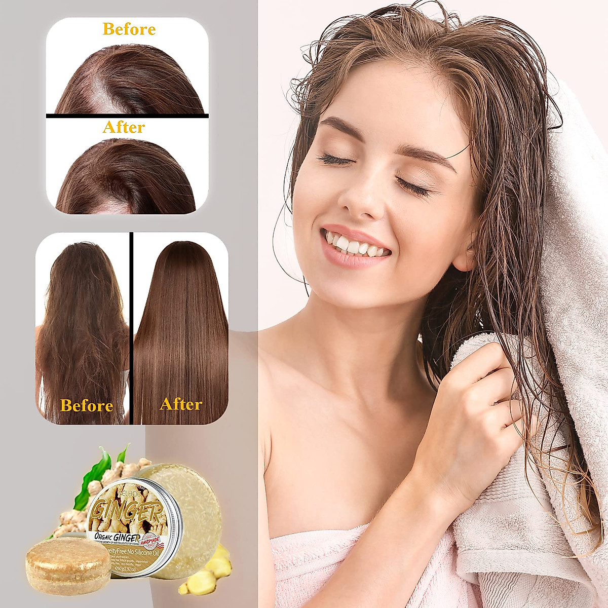 2PCS Ginger Hair Regrowth Shampoo Bar, Ginger Shampoo For Hair Growth, Anti-Hair Loss Hair Natural Organic Ginger Shampoo