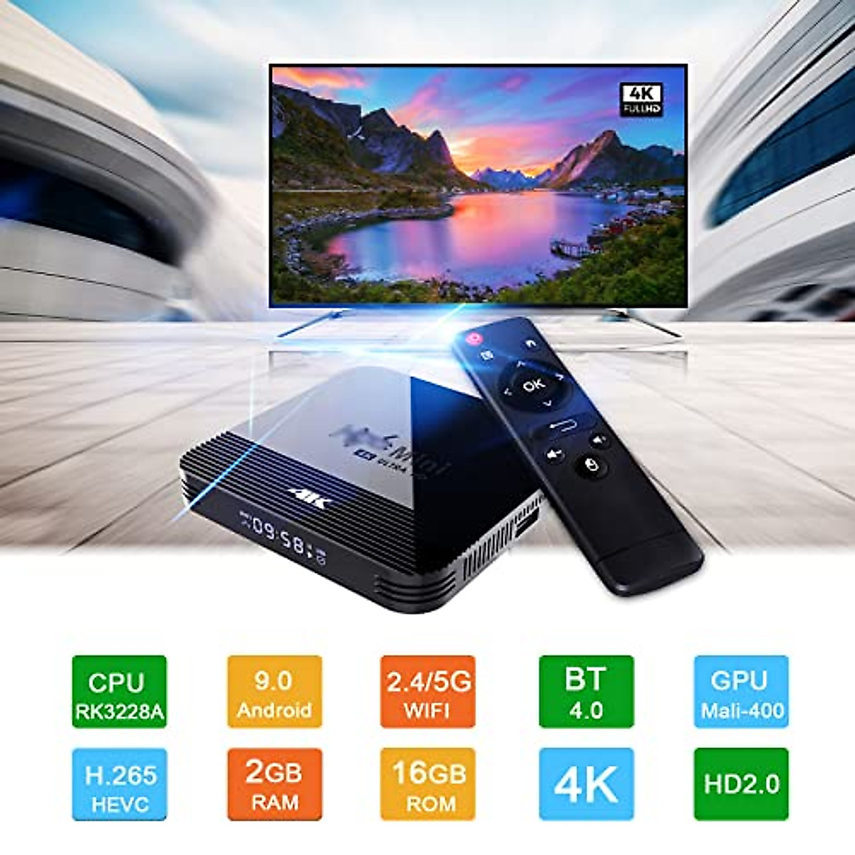 KRGEMS TV Box,Streaming Player,2GB RAM 16GB ROM,with Digital Display,Built-in 2.4/5.0GHz Dual-Band WiFi,Support h.265,4K,3D,HDMI 2.0,BT 4.0