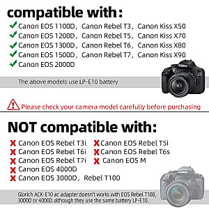 Glorich ACK-E10 AC Power Adapter DR-E10 DC Coupler LP-E10 Dummy Battery Power Supply Kit for Cameras Canon EOS 1100D 1200D 1300D 1500D 2000D Rebel T3 T5 T6 T7 Kiss X50 X70 X80 X90