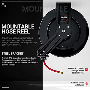ReelWorks Air Hose Reel Retractable 3/8" Inch x 80' Foot Max 300PSI Longest Ever Hybrid Polymer Hose Industrial Steel Construction