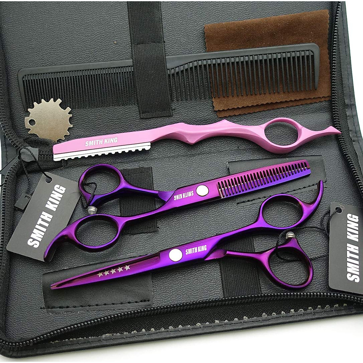 5.5 Inches Hair Cutting Scissors Set with Razor Combs Lether Scissors Case,Hair Cutting Shears Hair Thinning Shears for Personal and Professional (Voilet)