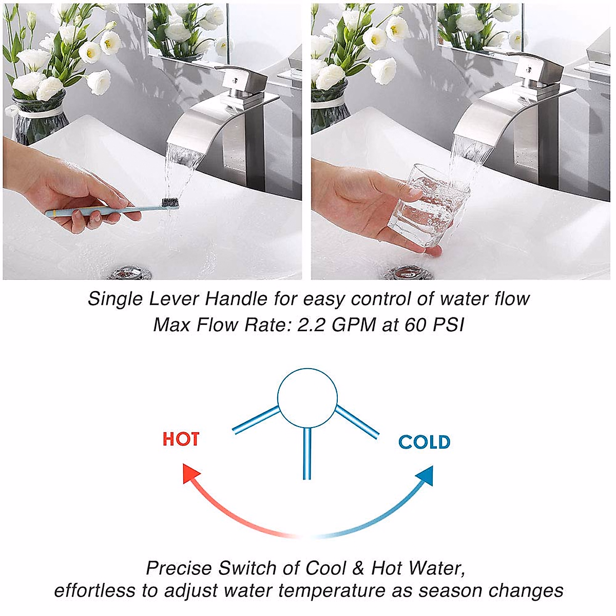 Aquaterior Waterfall Spout Single Handle Bathroom Vessel Sink Faucet with Mixer Tap One Hole Tall Bath RV Faucet Brushed Nickel(CUPC NSF CEC)