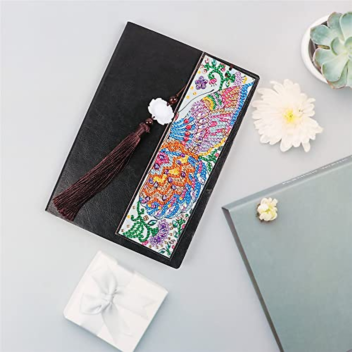 Cat Butterfly Bookmark with Diamond - pigpigboss 2 Pieces Bookmark Diamond Painting Kit Leather Bookmark Diamond Dots Art with Tassel for Student Adult Graduation Gift (21 x 6 cm)