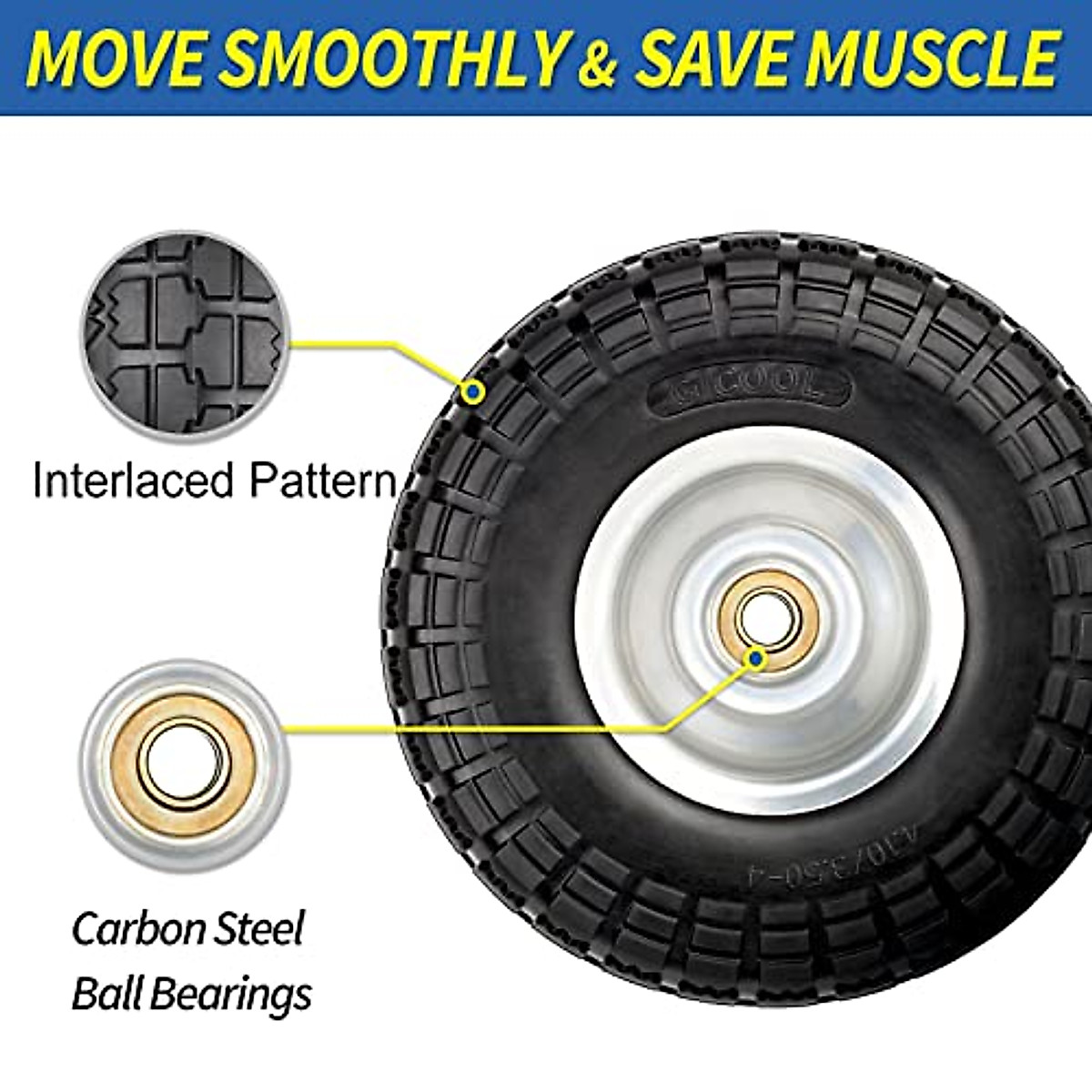 GICOOL 4.10/3.50-4" Flat Free Tire and Wheel, 10" Heavy Duty Solid Tire, 5/8" Axle Bore Hole, 2.2" Offset Hub, for Hand Truck Gorilla Cart Garden Wagon Trolley Dolly Replacement Tire, 2 Pack
