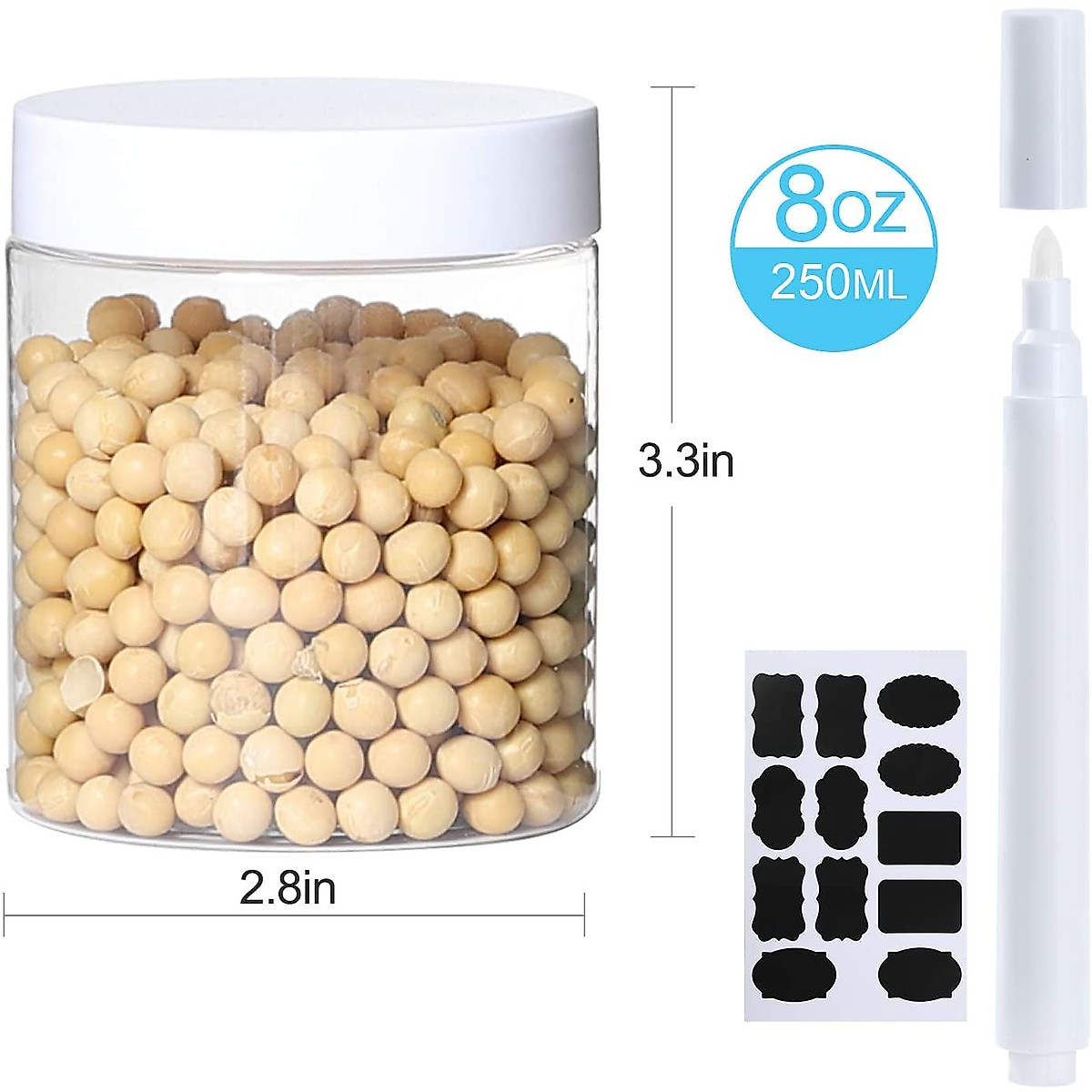 Dabacc 8 OZ Plastic Jars with Lids, Clear Plastic Containers, 32Pcs Clear Plastic Slime Mason Spice Jar Empty Round Container with White Lid & Chalkboard Sticker for Kitchen Dry Food Spices Jelly