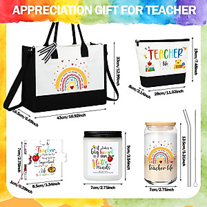 Locmeo Teachers' Day Gifts Bulk Appreciation Gifts for Teacher Include a Tote Bag a Makeup Bag a Piece of Puzzle a Lavender Scented Candle a 16 oz Glass with Lid Straw and Brush