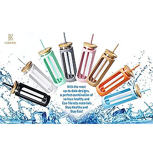 Kodrine 20oz Glass Water Tumble with Straw and Lid,Bamboo Lids Water Bottle, Iced Coffee Cup Reusable, Wide Mouth Smoothie Cups, Straw Silicone Protective Sleeve BPA FREE-Amber