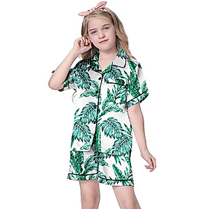 Silk Pjs for Women Set, Cute Silky Matching 2 Pcs Comfy Nightwear Button Down Sexy Soft Satin Summer Pj Short Set, Leaves Green, Medium
