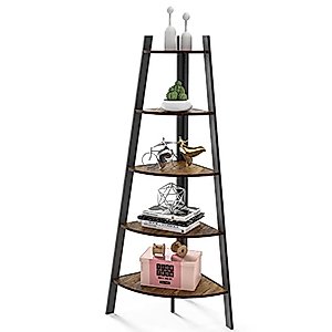 MiTechPro 63" Tall Corner Shelf, 5 Tier Industrial Corner Bookshelf Bookcase Rustic Corner Ladder Shelf Plant Stand for Living Room, Kitchen, Home Offie