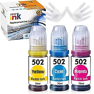 St@r ink Compatible Ink Bottle Replacement for Epson 502 522 Color for EcoTank ET-2760 ET-2720 ET-2800 ET-2750 ET-3760 ET-4760 ET-3750 ET-2850 ET-3850 ET-15000 ET-4750 ST-2000 printer(C/M/Y) 3 Bottles