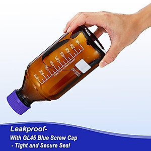PATIKIL 4 Pack Reagent Media Storage Bottles, 1000ml Borosilicate Glass Graduated Round Bottles with GL45 Blue Screw Cap for Lab Water Reagent Liquids, Brown