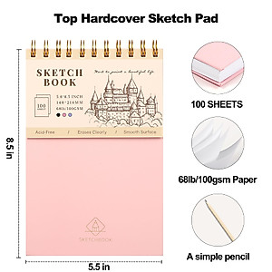 Yoment Sketchbook for Drawing Top Spiral Bound Sketch Pad for Kids 5.5" x 8.5" Hardcover Sketch Book(68lb/100gsm) Small Artist Drawing Blank Paper Notebook for Painting Sketching Pad with Pencil, Pink