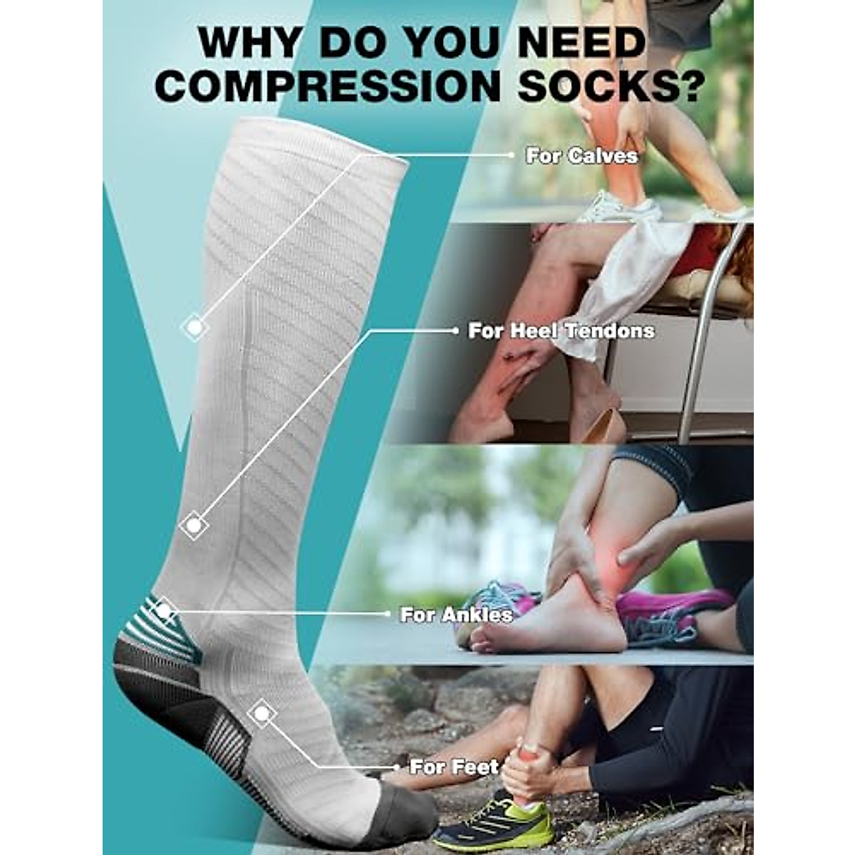 SONORAN 2 Pairs Compression Socks for Men & Women 20-30 mmHg Graduated Compression Socks Knee High Best Support for Running, Travel, Athletic L/XL（Gray Green）