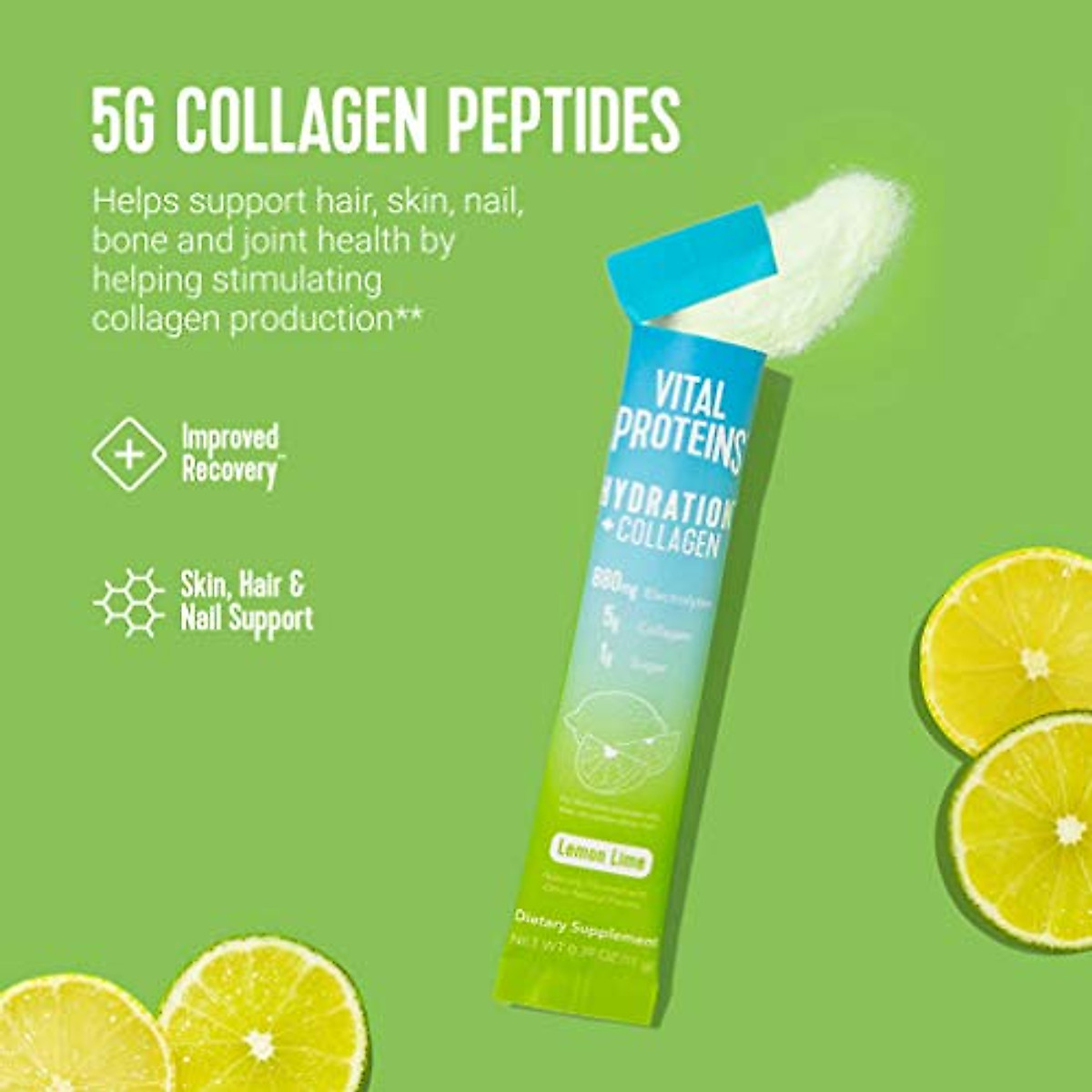Vital Proteins Hydration Electrolyte Powder with Collagen - 1g Functional Sugar - 880mg Electrolytes - 100% DV Vitamin C (Lemon Lime, 7 Count)