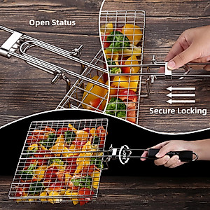 Portable Grill Basket, EISINLY BBQ Grilling Basket for Outdoor Grill with Removable Handle, Stainless Steel Camping Cooking Grill Accessories for Chicken Fish Vegetable, Dad Gifts
