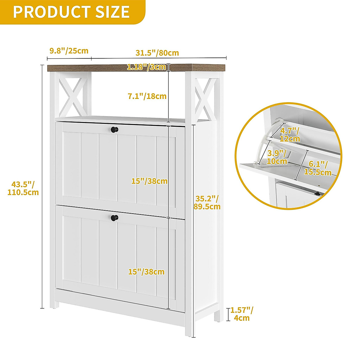 DWVO Shoe Cabinet Entryway, White Shoe Storage Cabinet with 2 Flip Drawers, Free Standing Hidden Narrow Shoe Rack Shoe Storage Organizer for Entryway/Hallway/Closet, White