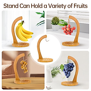 Casabene Bamboo Banana Hanger, Banana Stand, Banana Holder with Stainless Steel Hanging Hook for Kitchen Countertop to Keep Bananas and Fruit Fresh