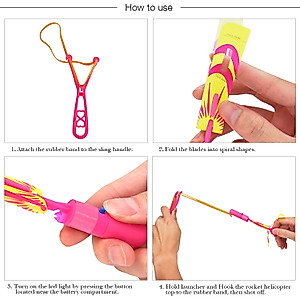 Rocket Slingshot Flying Toys with Led Lights - 12 Pcs Slingshot Toy for Kids, Summer Outdoor Game LED Slingshot with 12Pcs Launchers + 12Pcs Arrow Helicopters, Glow in The Dark Kids Party Supplies