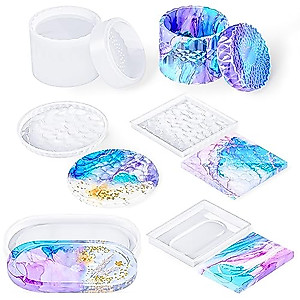 Hautton 6 Pcs Resin Molds Epoxy Silicone Mold for Coasters, Jar with Lid, Rolling Tray and Soap Tray Container, Epoxy Resin Casting Molds for DIY Home Décor Art Crafts
