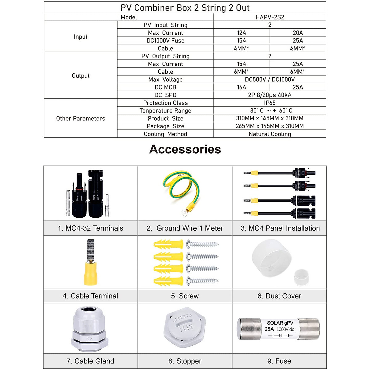 DIHOOL PV Solar Combiner Box for Solar Panels 4 String 15 Amp IP65 Junction Box DC500V 30A Circuit Breaker 4 in 2 Out