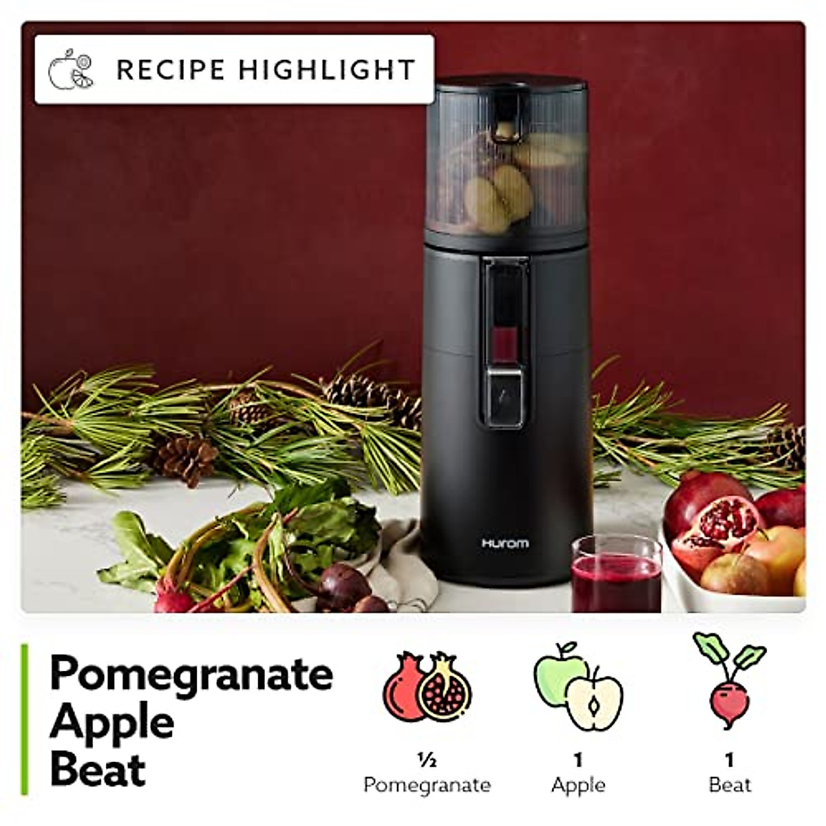 Hurom Slow Juicer Machine with Quiet 150 Watt Motor - Scrub-Free Cleaning - Self Feeding Hopper to a Family Sized Yields - Healthy Living - Strainer-Free Chamber BPA Free, Easy Assembly - H400, Black