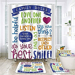 4 Pcs Family Rules Shower Curtain Set, Educate Inspirational Quotes Bathroom Sets with Shower Curtain and Rugs, Shower Curtain and Bath Mat, Toilet Lid Cover and U Shaped Rug, 12 Hooks, SETXTSD84