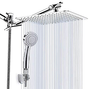 kaqinu Shower Head , 8 Inch High Pressure Rainfall Shower Head / Handheld Showerhead Combo with 11 Inch Extension Arm, Anti-leak Shower Head with Holder/ Hose, Flow Regulator, Chrome